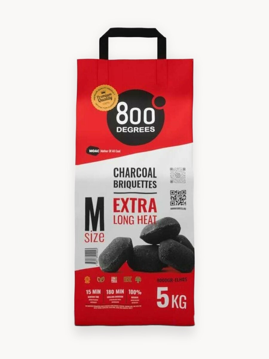 Уголь брикеты 800 Degrees Долгое Горение, мешок 5 кг 800DGR-ELH05 для приготовления пищи