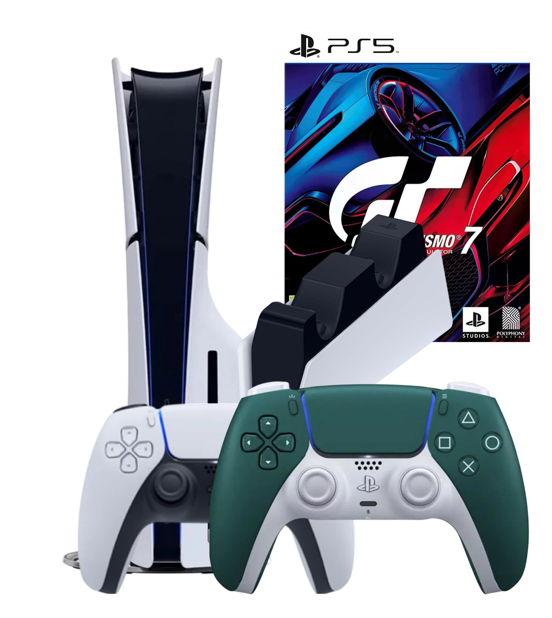 Игровая приставка PlayStation 5 Slim Disk + Gran Turismo 7+ Dualsense Charging Station+DualSense Alpine Green