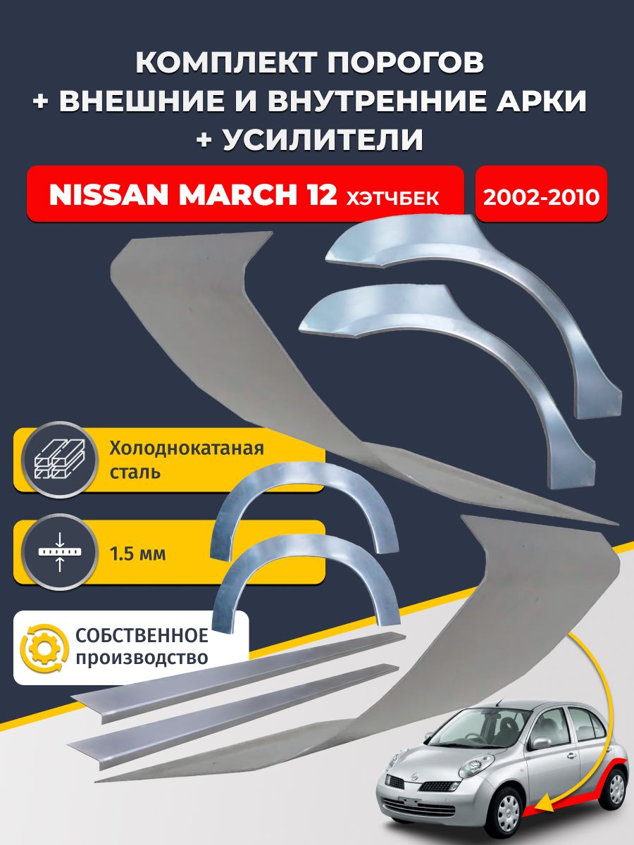 Комплект ремонтных задних внешних и внутренних арок (0,8 мм) + комплект порогов + усилители, на Nissan March K12 2002-2010 хэтчбек 5 дв (Марч 3) Холоднокатаная сталь 1.5 мм
