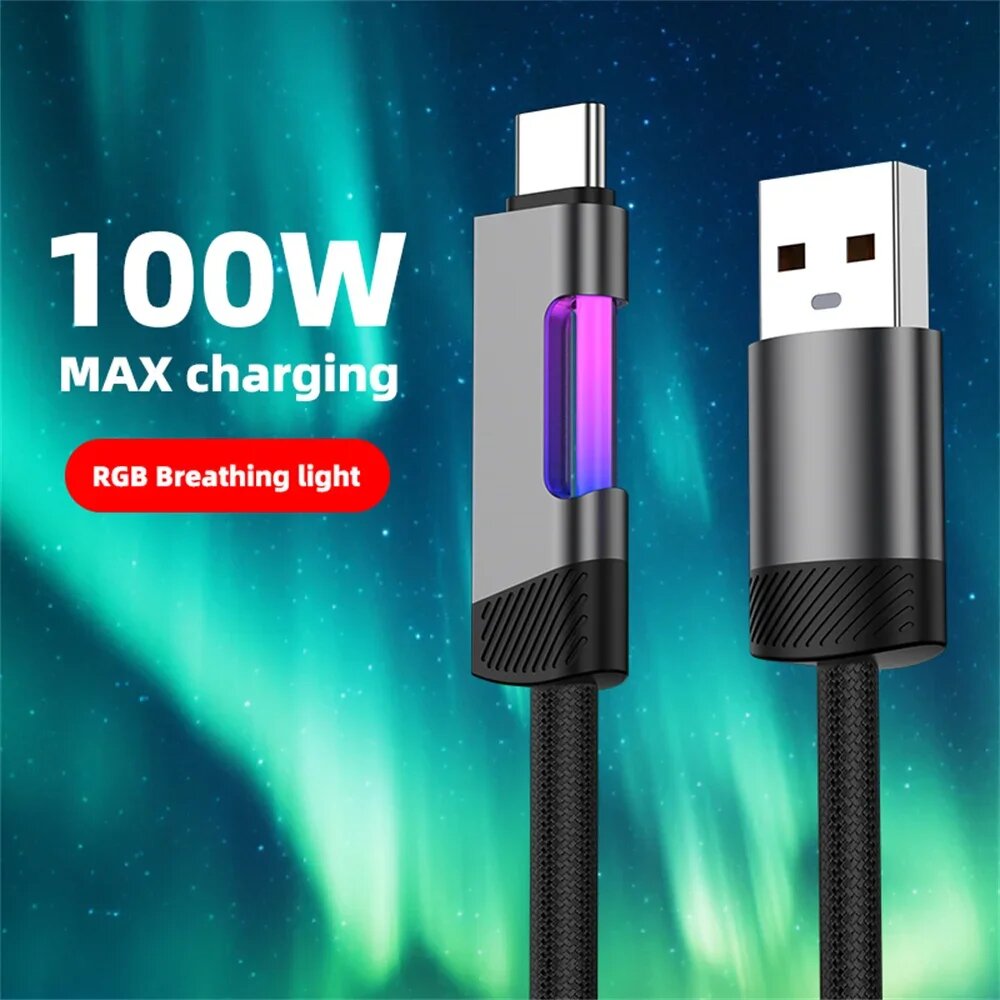 Кабель USB-A to Type-C 2м, 100W, RGB