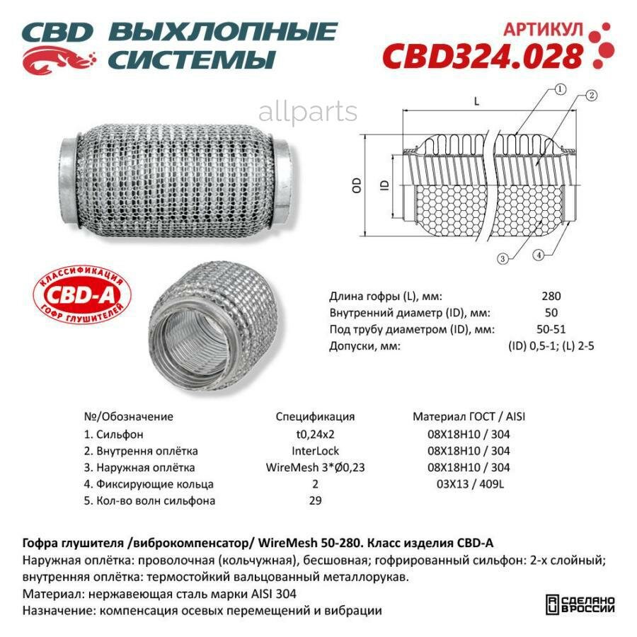 CBD CBD324.028 Гофра глушителя 3х-сл WIRE MESH 50-280. CBD324.028