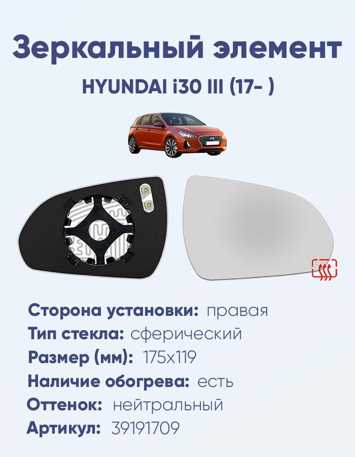 Зеркальный элемент правый HYUNDAI i30 III (17- ) сфера нейтральный с обогревом