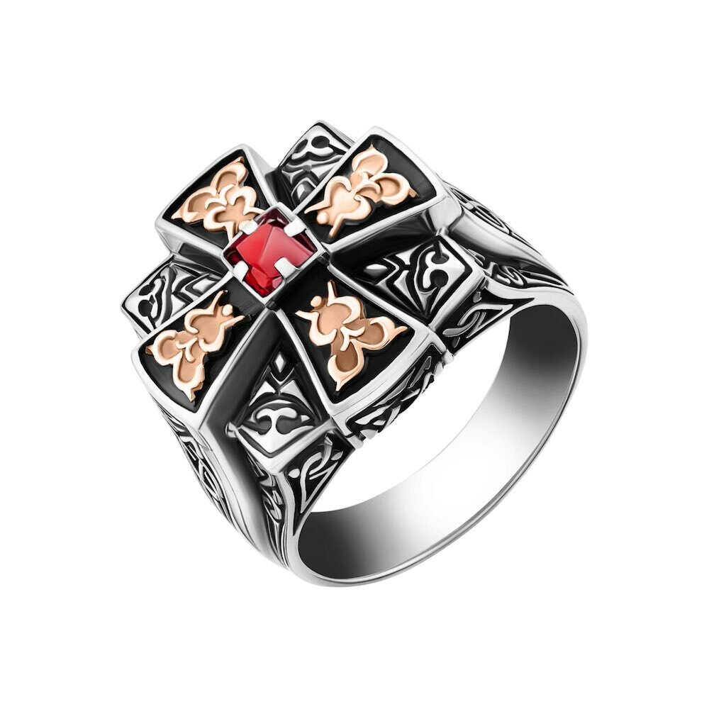 Перстень, серебро, 925 проба, золочение, чернение, гранат