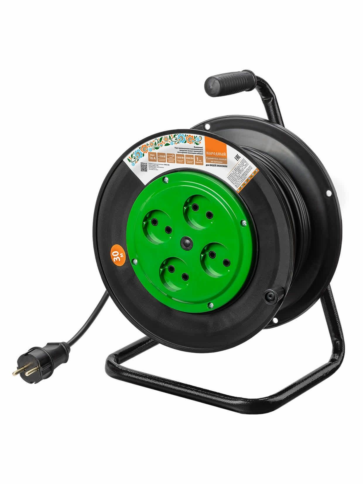 Удлинитель на катушке силовой 4 гнезда ПВС 3500 Вт б/з, 30м УС1-43131 Народный