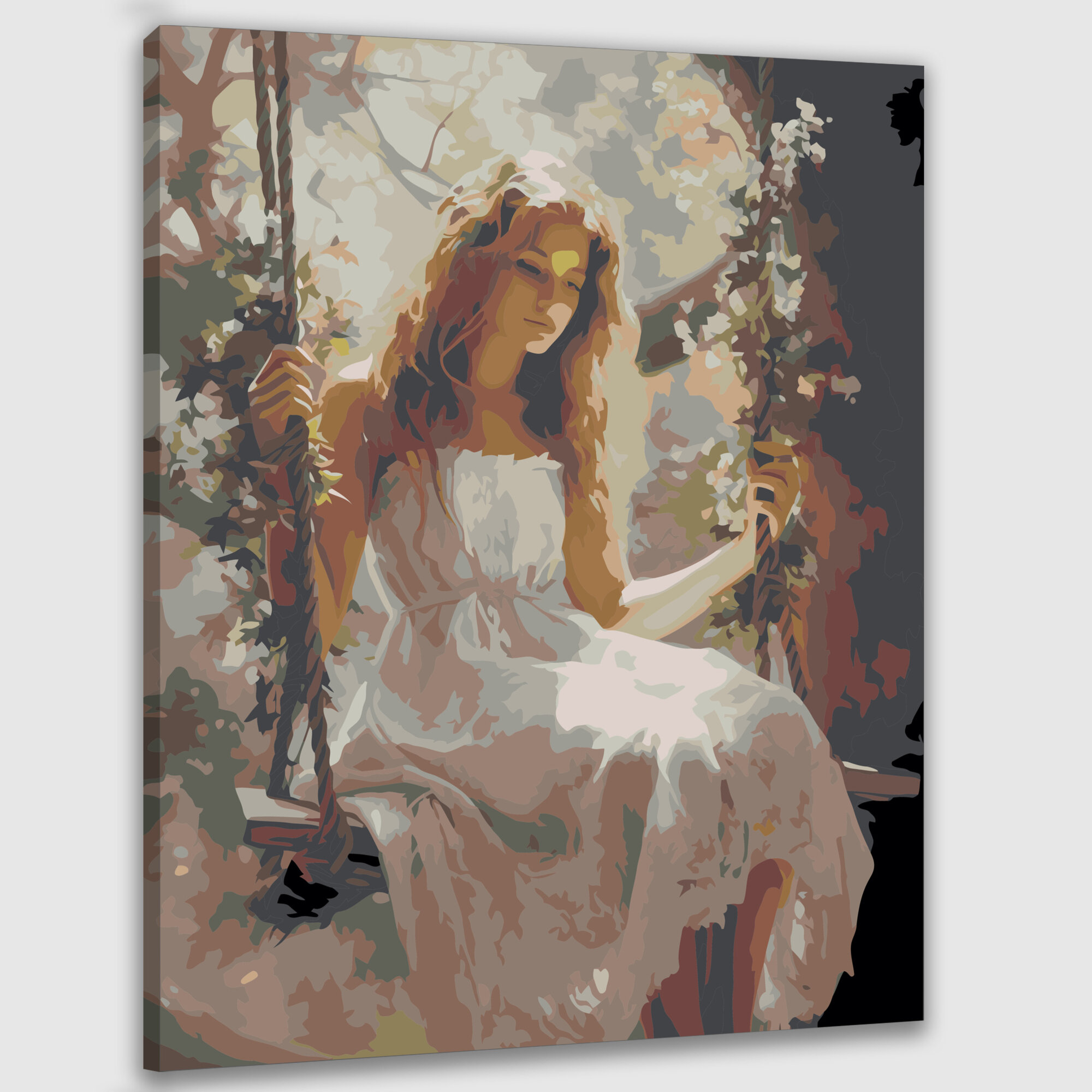 Картина по номерам 40x50 см, картина маслом, девушка, качели, дуб, сад, солнце, кружевное платье, полевые цветы