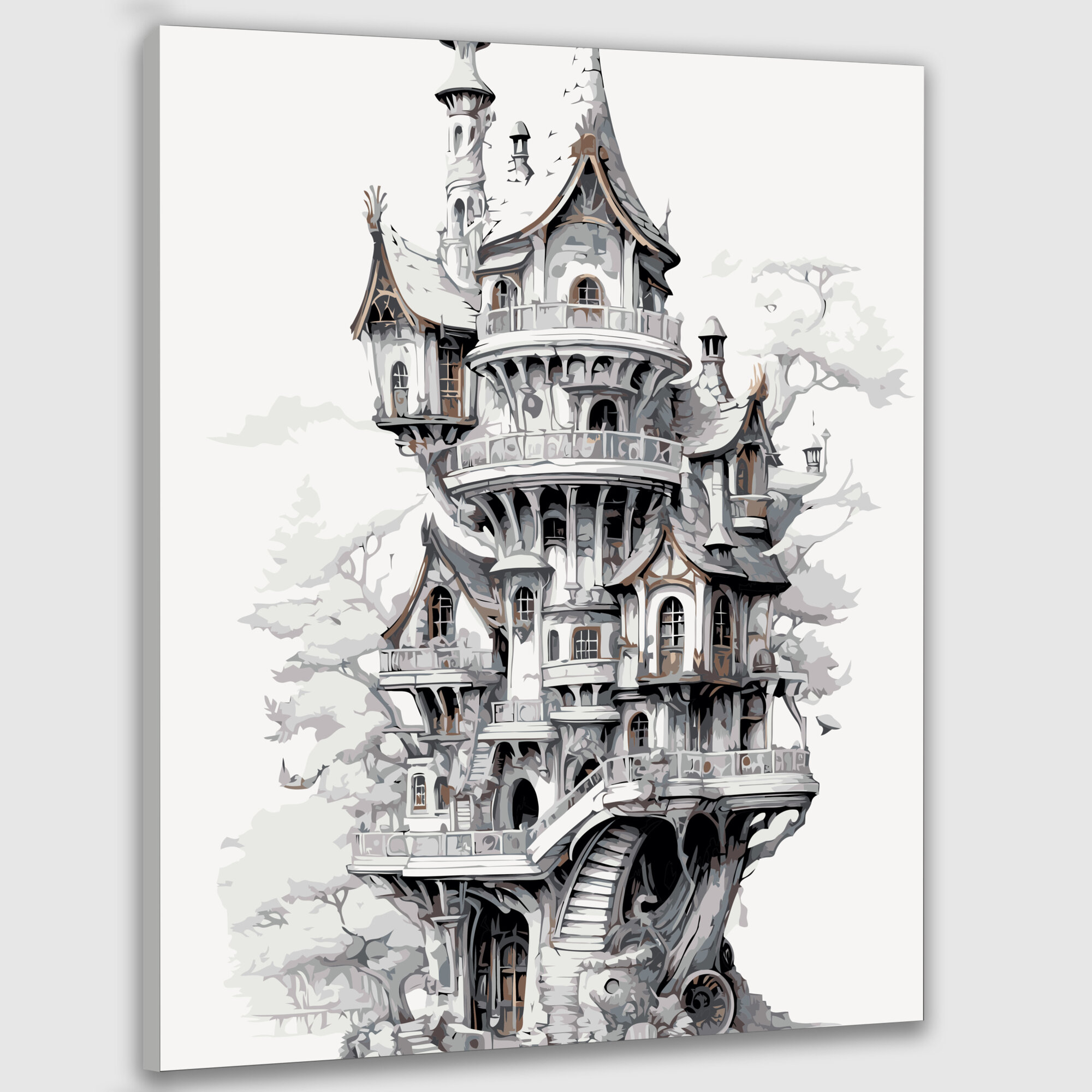 Картина по номерам 40x50 см, замысловатый, рисунок, перо, тушь, уникальный дом, сказки, причудливая архитектура