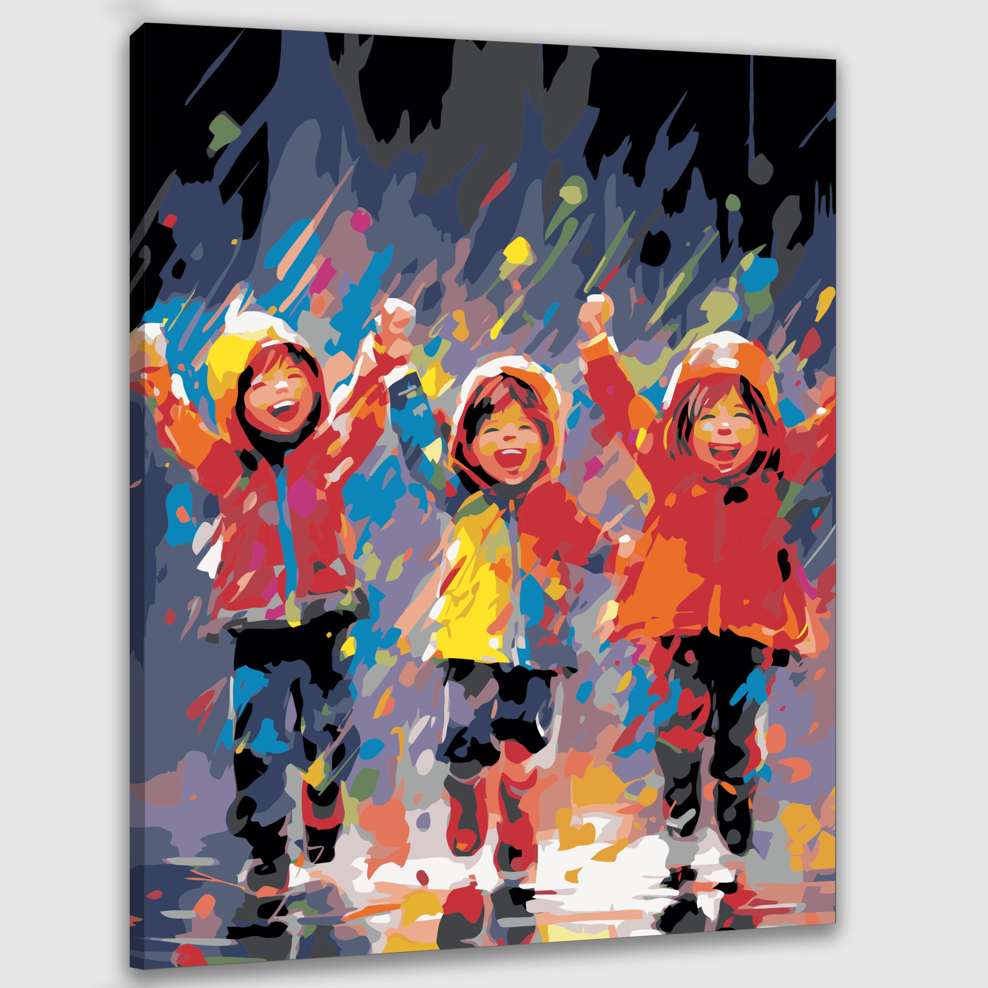 Картина по номерам 40x50 см, дождевики, ботинки, дети, танец, смех, цифровая иллюстрация, мазки кисти, движение, цветы