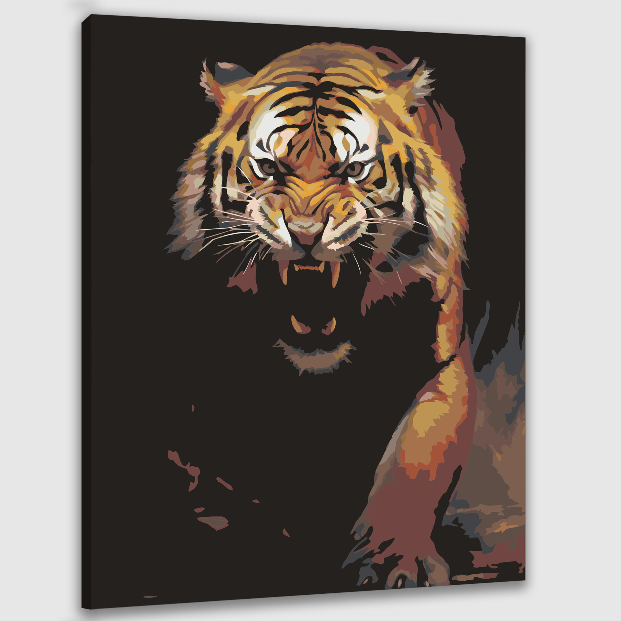 Картина по номерам 40x50 см, картина маслом, тигр, рёв, мощь, энергия, морда, мышцы, усы, яркие цвета, шерсть, фон