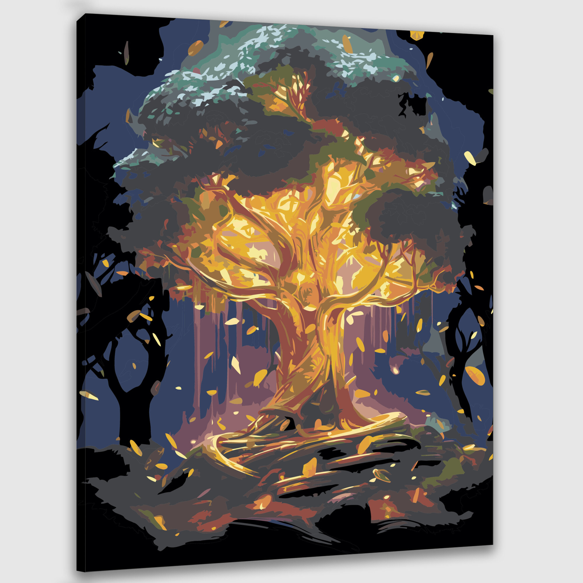 Картина по номерам 40x50 см, волшебное денежное дерево, золотые монеты, банкноты, причудливый лес, чарующее сияние