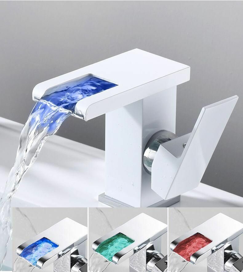 Смеситель для раковины в ванной со светодиодной подсветкой, 3 цвета синхронизация температуры воды, меняющие цвет излива водопада, смеситель для холодной и горячей воды Черный / серебристый