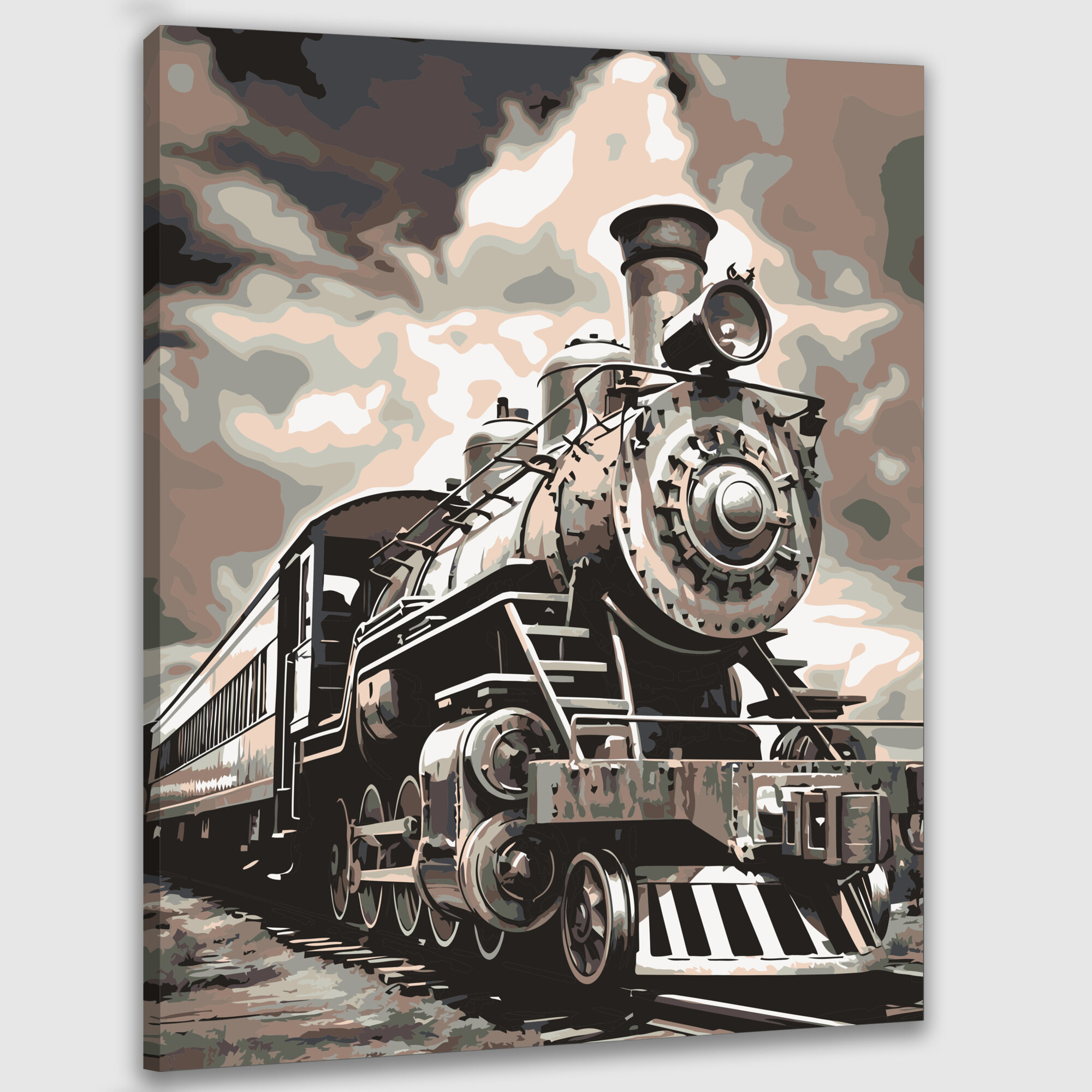 Картина по номерам 40x50 см, фотография, старинный железный конь, паровоз, черно-белые тона, неподвластная времени кра