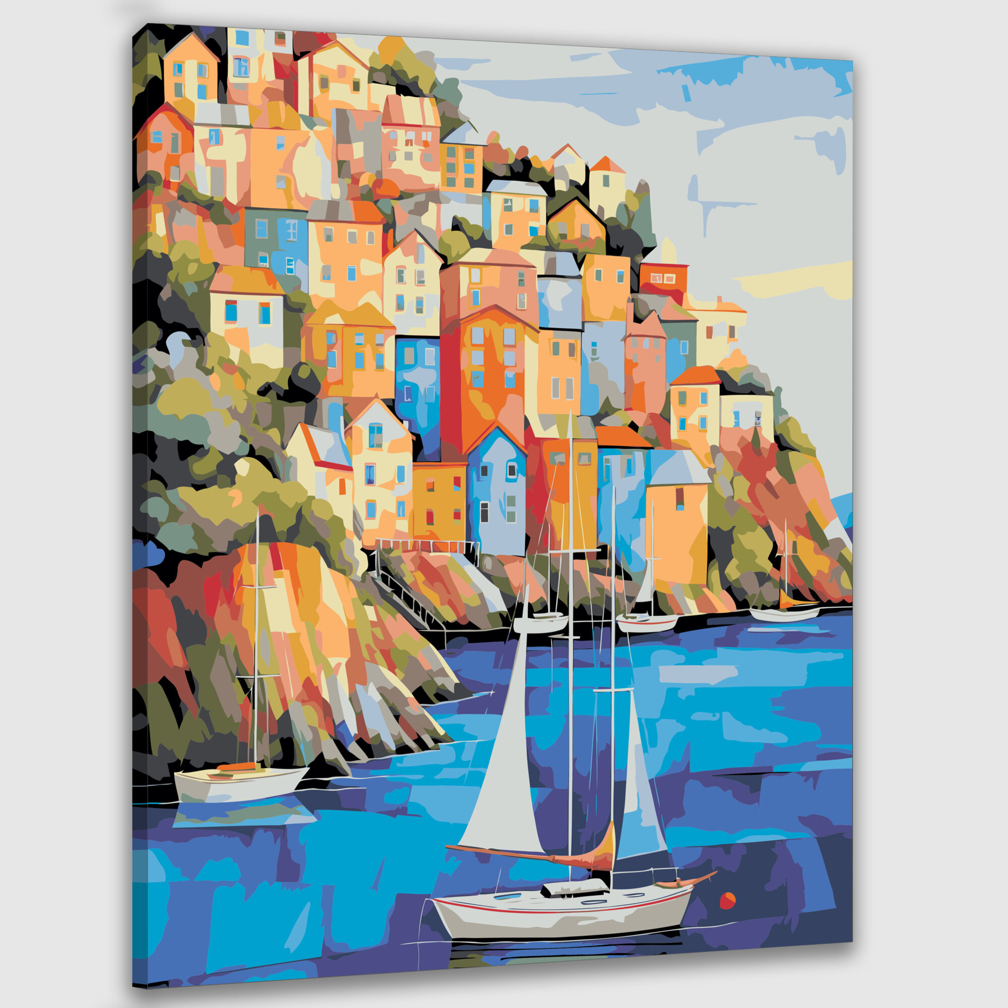 Картина по номерам 40x50 см, акварельная иллюстрация, деревня на утесе, морской стиль, вид на море, домики с навесами