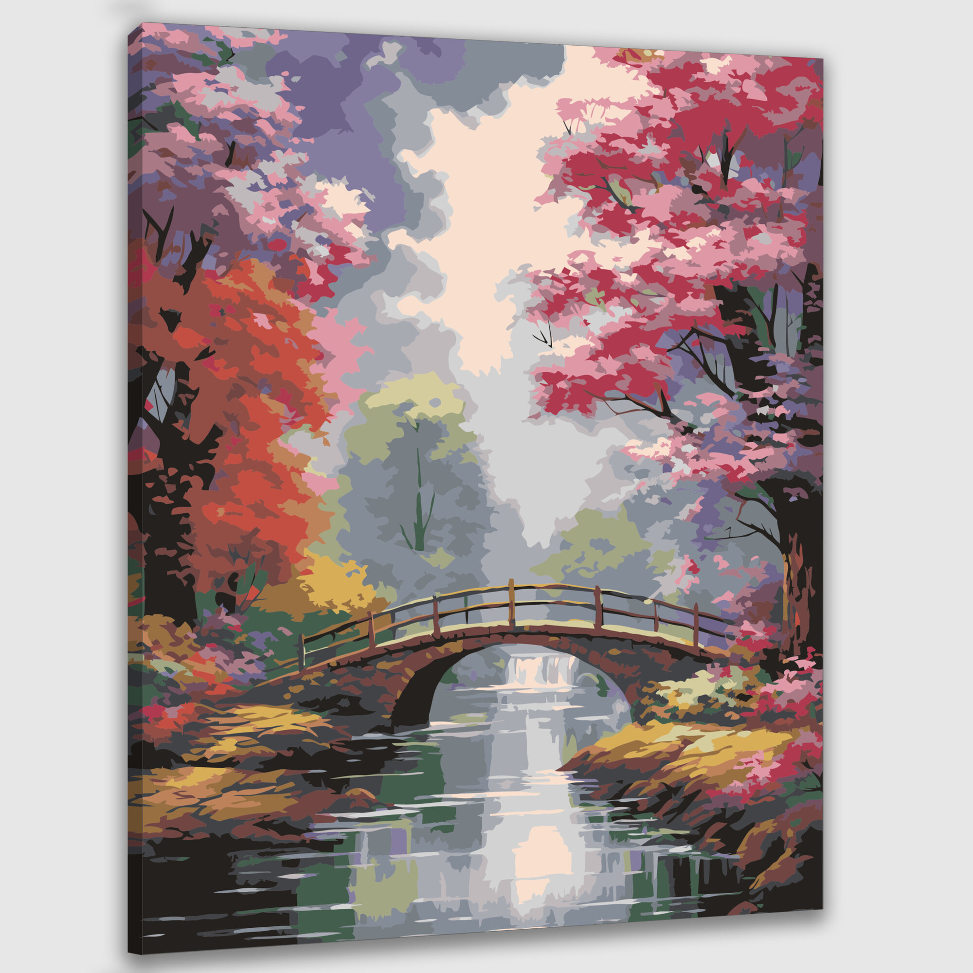 Картина по номерам 40x50 см, потрясающий пейзаж, каменный мост, извилистая река, величественные деревья