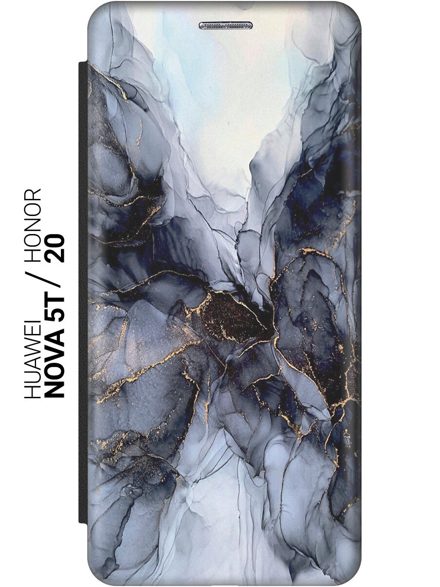 Чехол-книжка на Honor 20, Huawei Nova 5T, Хонор 20, Хуавей Нова 5Т с 3D принтом "Черно-белый мрамор" черный