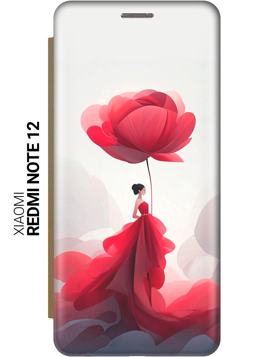 Чехол-книжка на Xiaomi Redmi Note 12 / Сяоми Редми Ноут 12 с рисунком "Цветочная девушка в красном" золотой