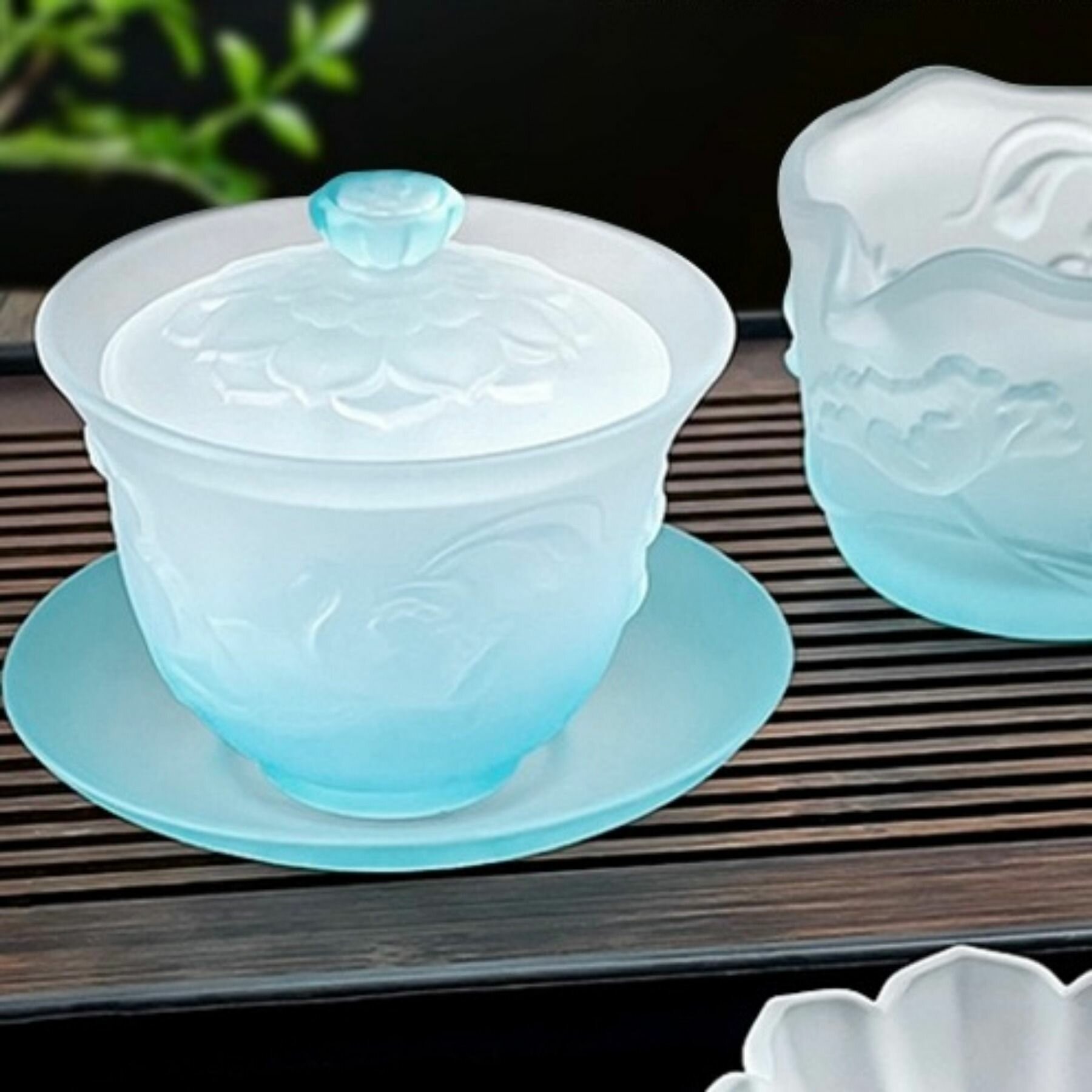 Чайный сервиз "Liuli Sancai", с крышкой, геометрический рисунок, синий, стекло