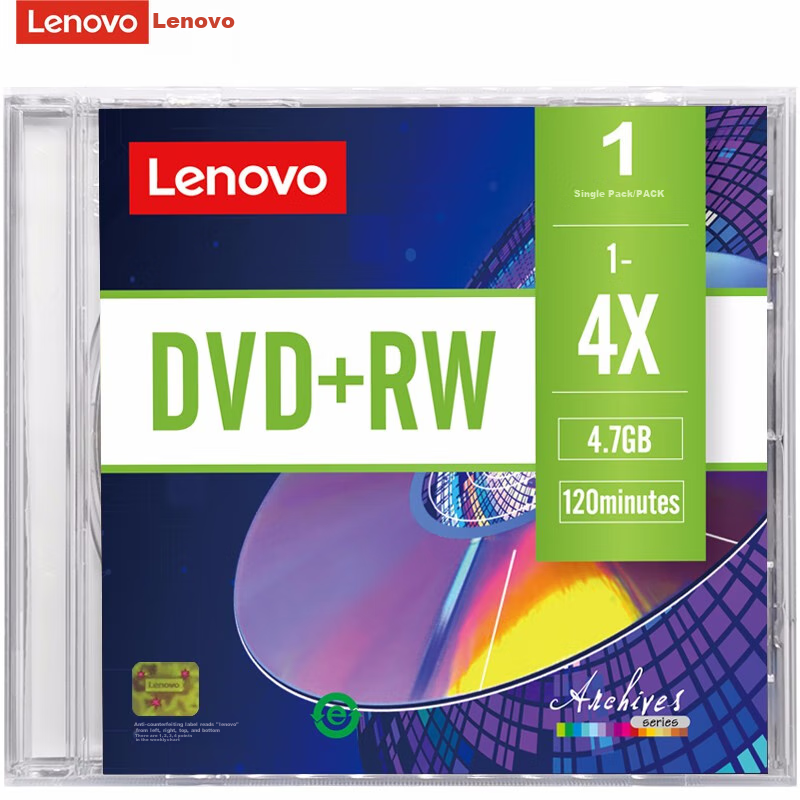 Lenovo DVD+RW Blank Disc/recordable Disc, 1-4x Speed, 4.7GB, Taiwan-Made Archive Series, Single Disc in Box, Erasable, Reusable