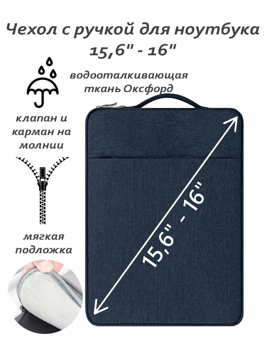Чехол для ноутбука 15,6" - 16" с ручкой и дополнительным отделением для аксессуаров, темно-синий