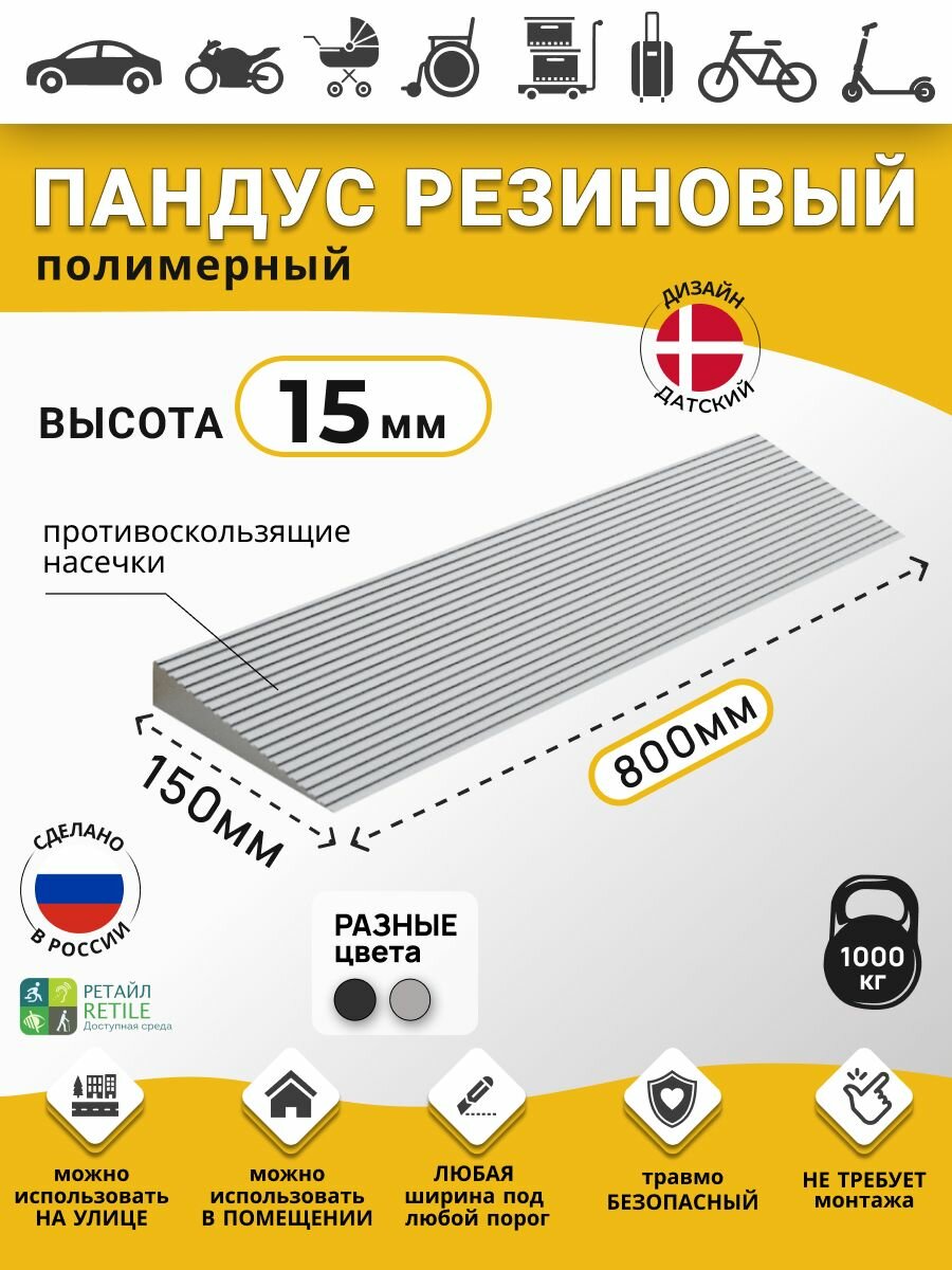 Пандус резиновый рубеж для порогов высотой 1,5 см (15х800х150 мм), серый, для колясок, склада и автомобилей