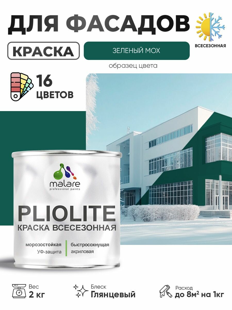 Краска-эмаль Pliolite всесезонная, зимняя, для всех типов поверхностей, антикоррозионная, RAL 6005, зелёный мох, глянцевая, 2 кг.