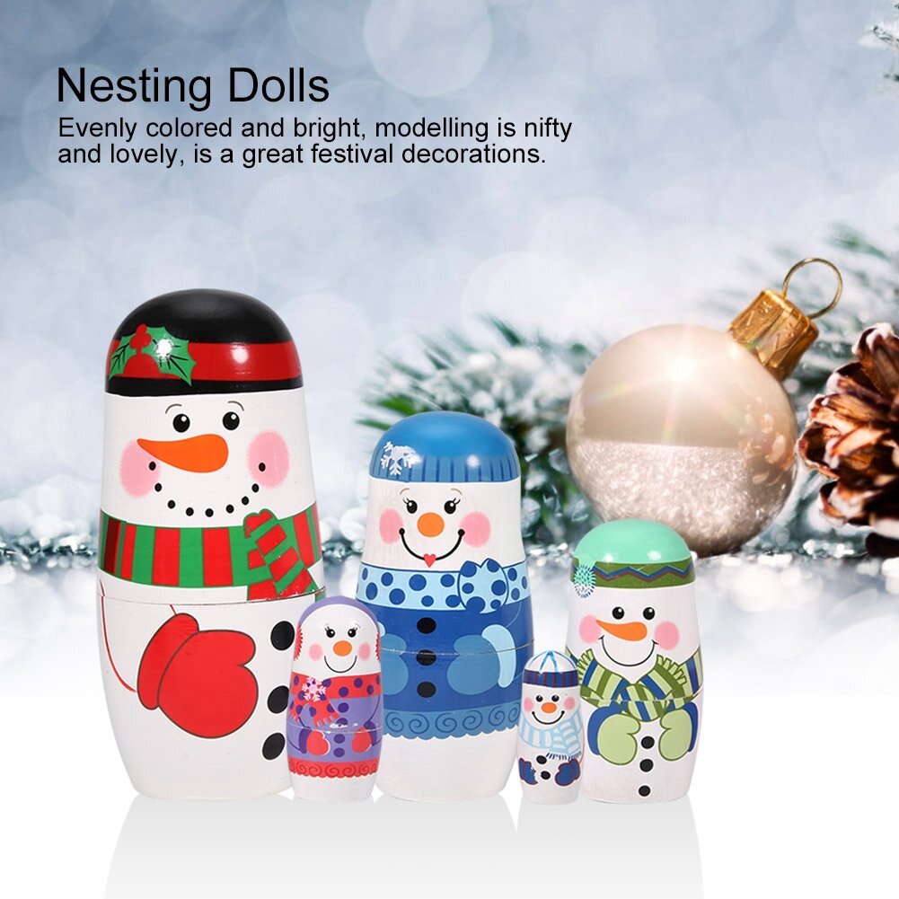 5pcs Christmas Handpainted Cute Wooden Matryoshka Dolls Russian Nesting Set Home Decoration(Large Snowman )