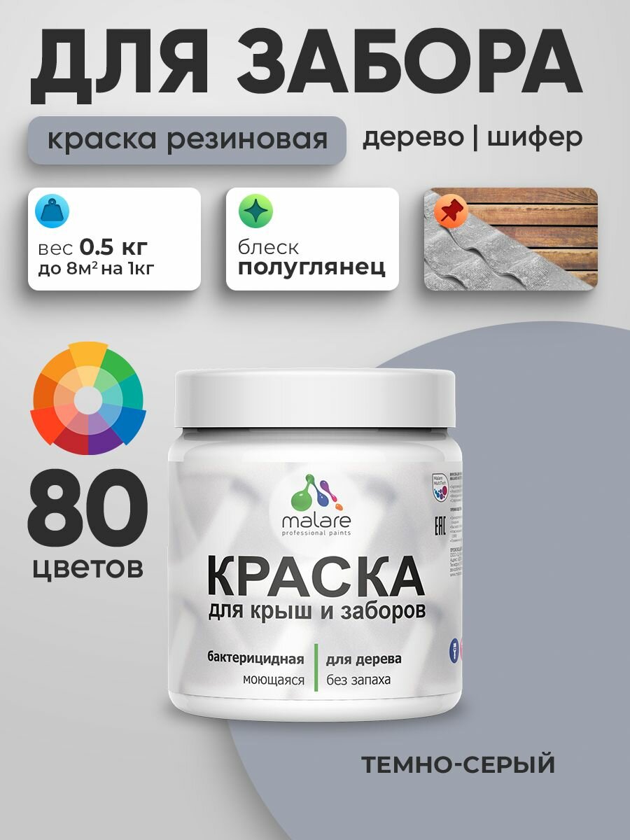 Резиновая краска Malare для деревянного забора/ по дереву для наружных и внутренних работ/ быстросохнущая моющаяся без запаха полуглянцевая, темно-серый, 0.5 кг.