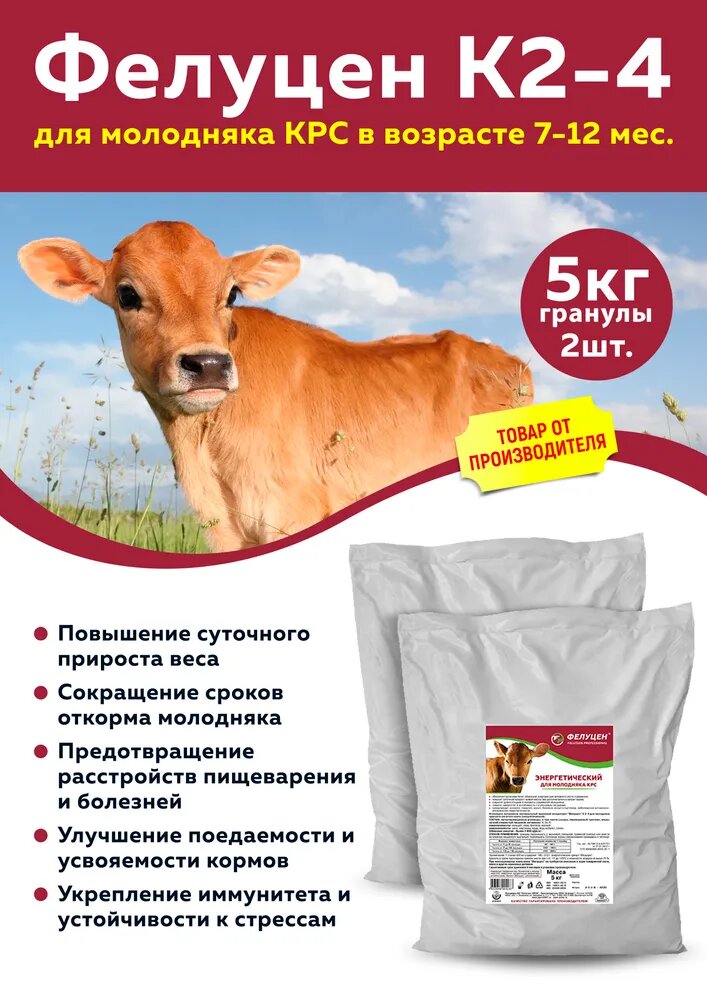 Комплект Фелуцен К2-4 для молодняка КРС в возрасте 7-12 мес энергетический, (гранулы) 5кг, 2 шт