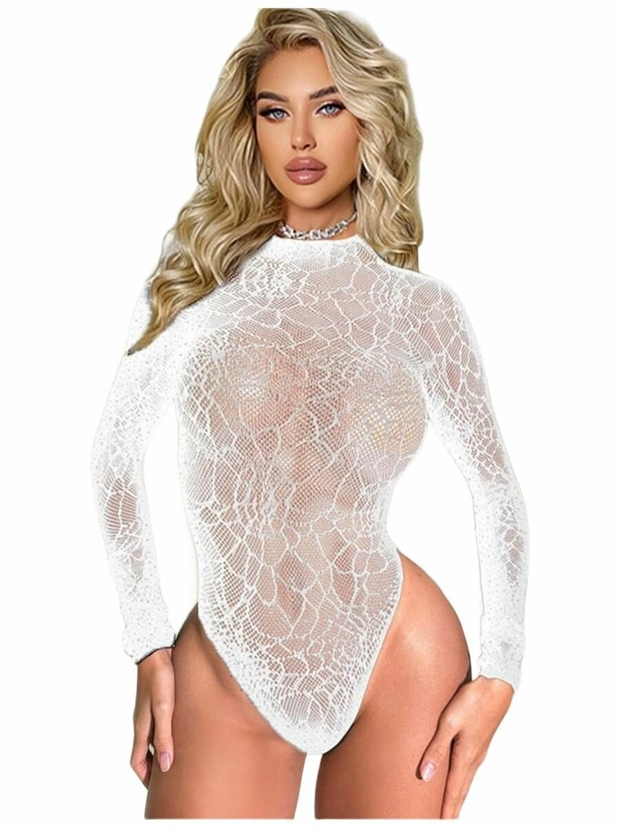 Белый боди с длинным рукавом из стрейч-сетки и стразами