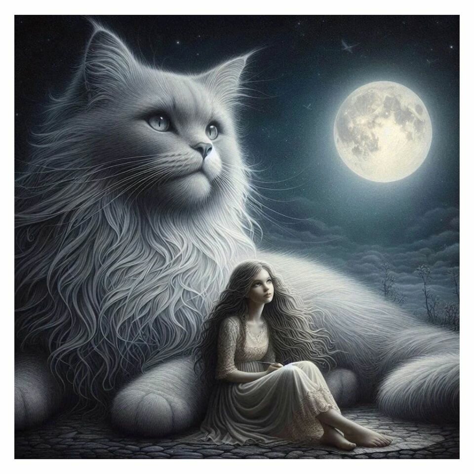 Алмазная картина "Девушка с кошкой" алмазная огранка 40х40 см,40X50CM, белый