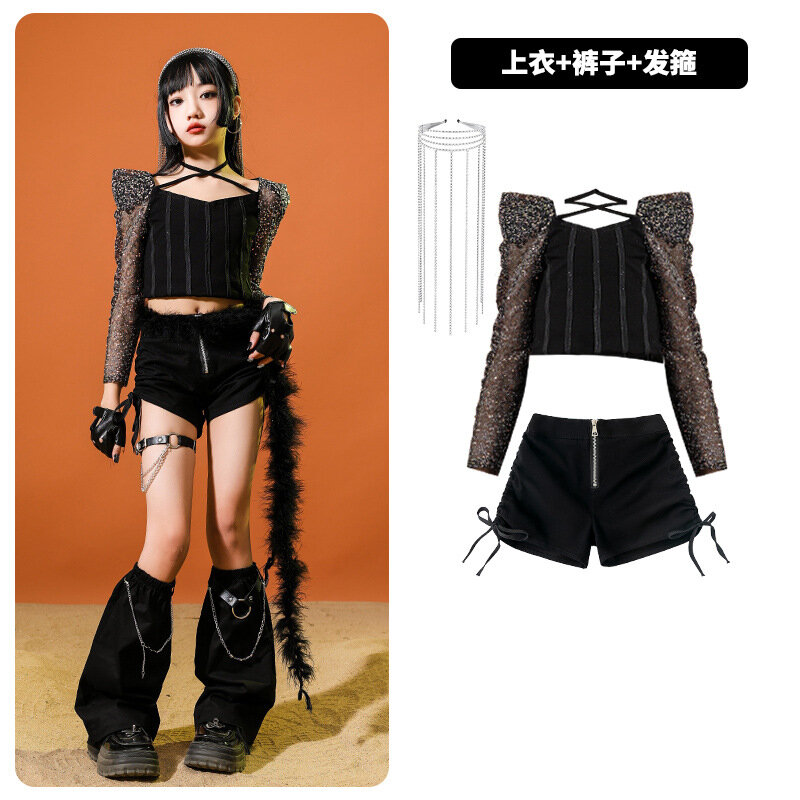 Костюмы для джазовых танцев "Звездные подиумы", для девочек, 110 см, черные, с серебряным обручем