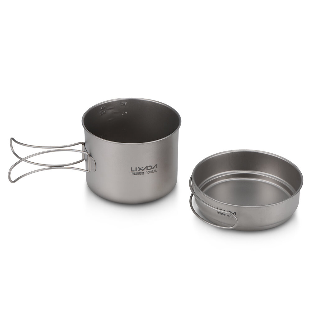 Набор посуды Lixada Ultralight Titanium Cookset для кемпинга и отдыха на природе: кастрюля 900 мл и сковорода 350 мл со складными ручками.