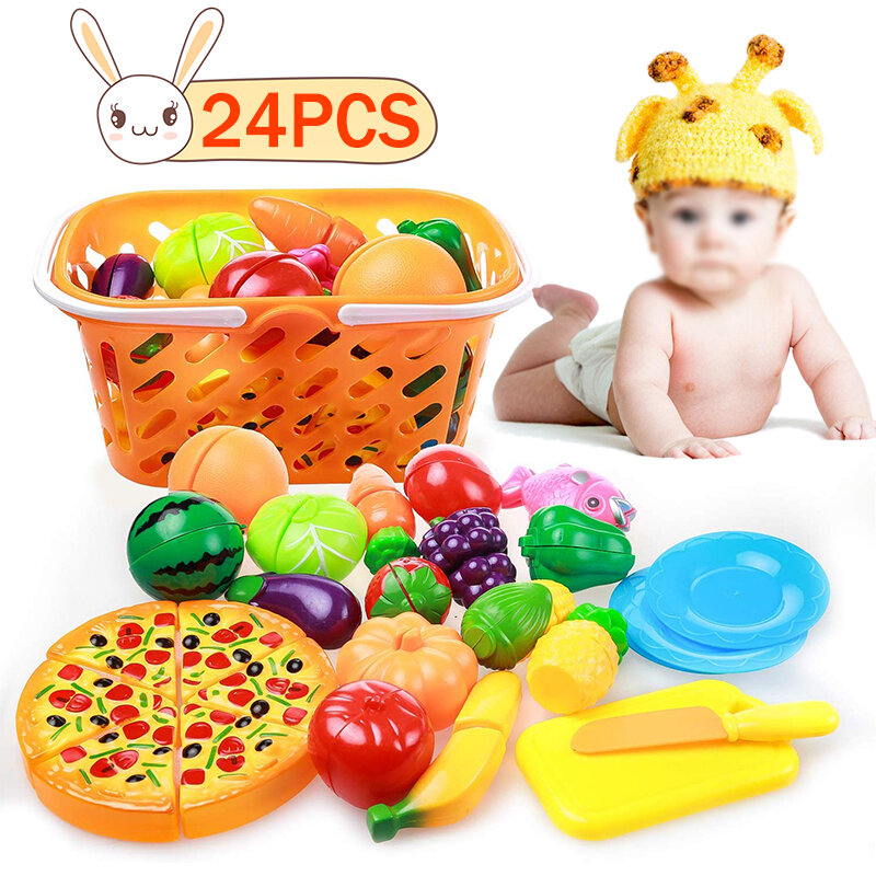 24 шт. пластиковых забавных нарезных фруктов, игрушек, овощей, пиццы, наборов для кухни, ролевых игр, ролевых игр, поваров, пазлов, корзин для детей, девочек