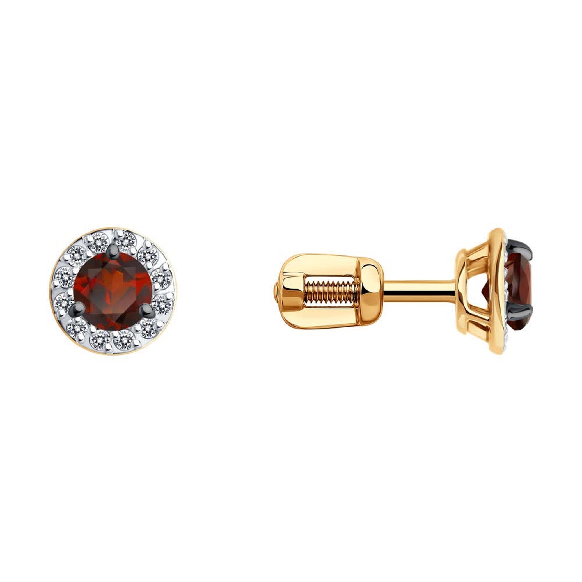 Серьги пусеты, красное золото, 585 проба, фианит, гранат