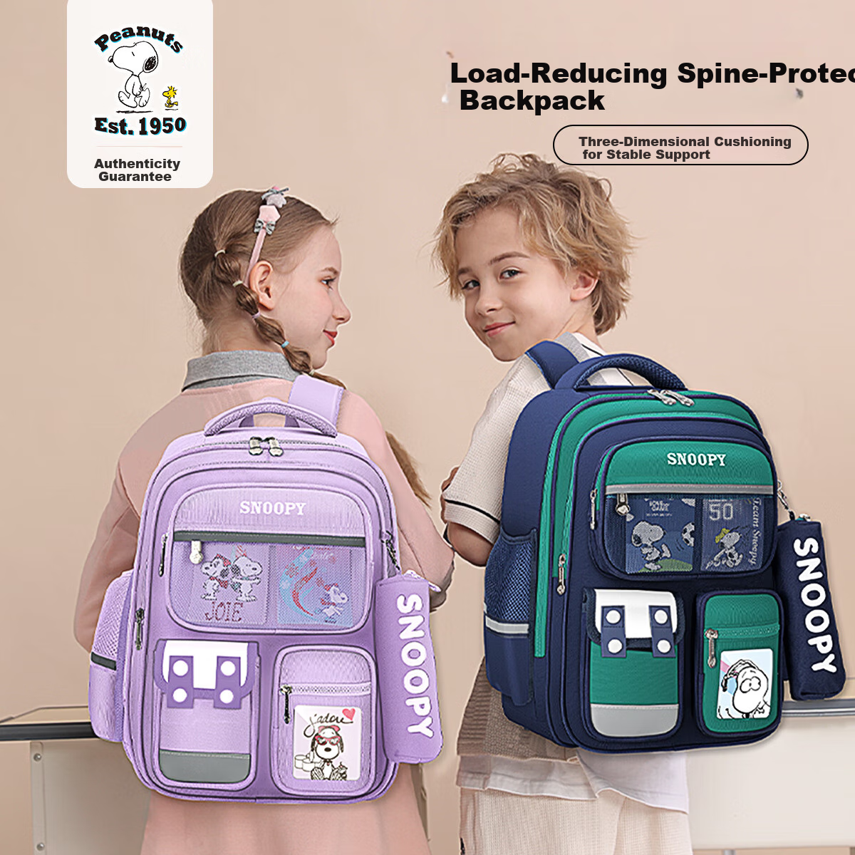 Snoopy Elementary School Backpack, Lightweight Children's Spine-Protecting And Load-Reducing Shoulder Bag, for Grades 1-3, Blue Small Size