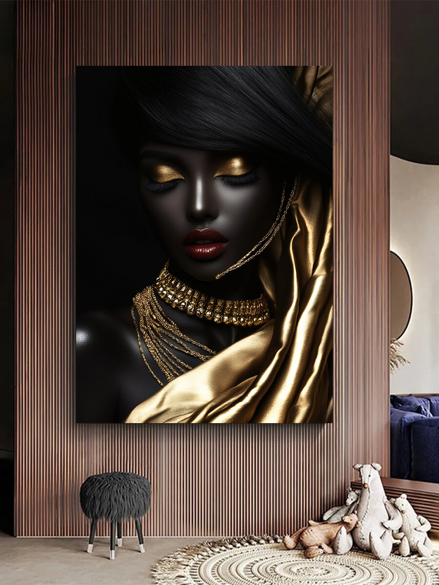 Картина на стену - "Африканка / Негритянка, лицо девушки, золото" , 50х70 см.