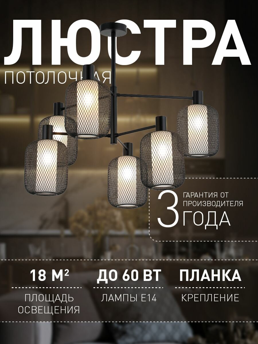Потолочная люстра Favourite 4602-6C, 18 кв м, E14 накаливания люминесцентная 60 Вт, 3000 K теплый белый, IP20, металл стекло