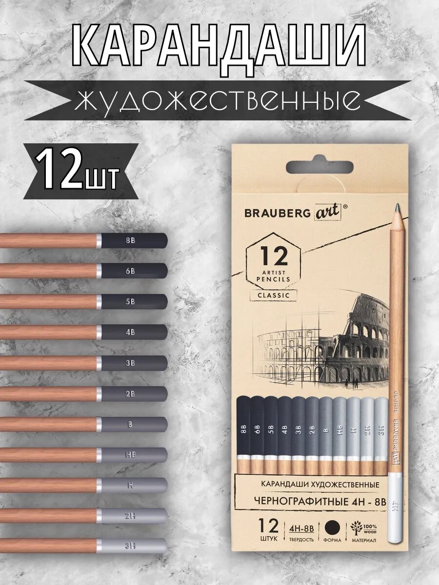 Карандаши художественные чернографитные, 12 шт