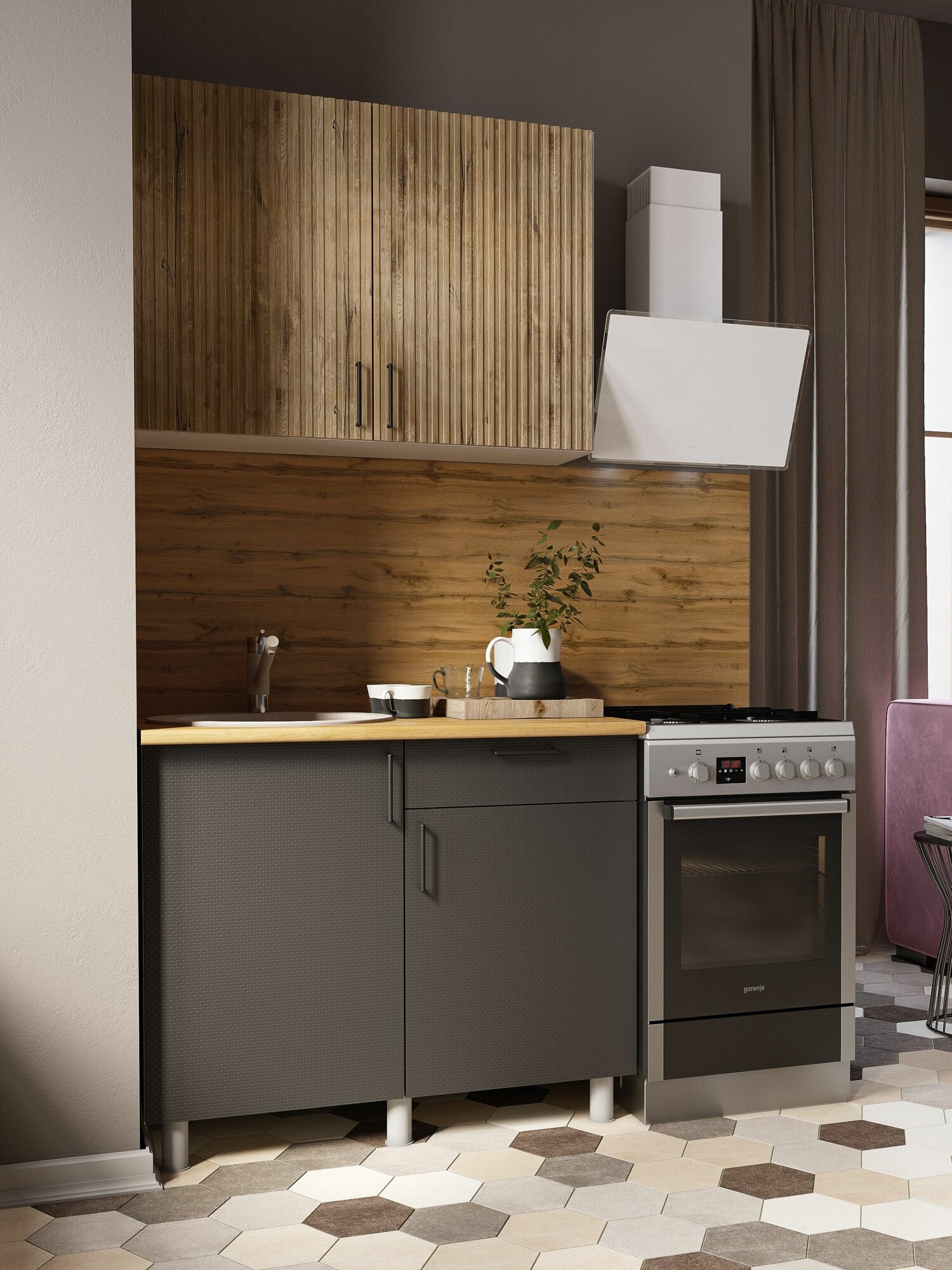 Кухонный гарнитур Кантри МДФ 1м дуб канадский/карбон вулкан без столешницы