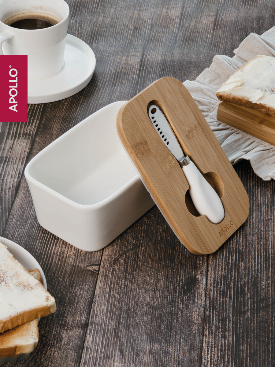 Масленка с ножом для масла, костяной фарфор, белая, мытье в посудомойке, 600мл