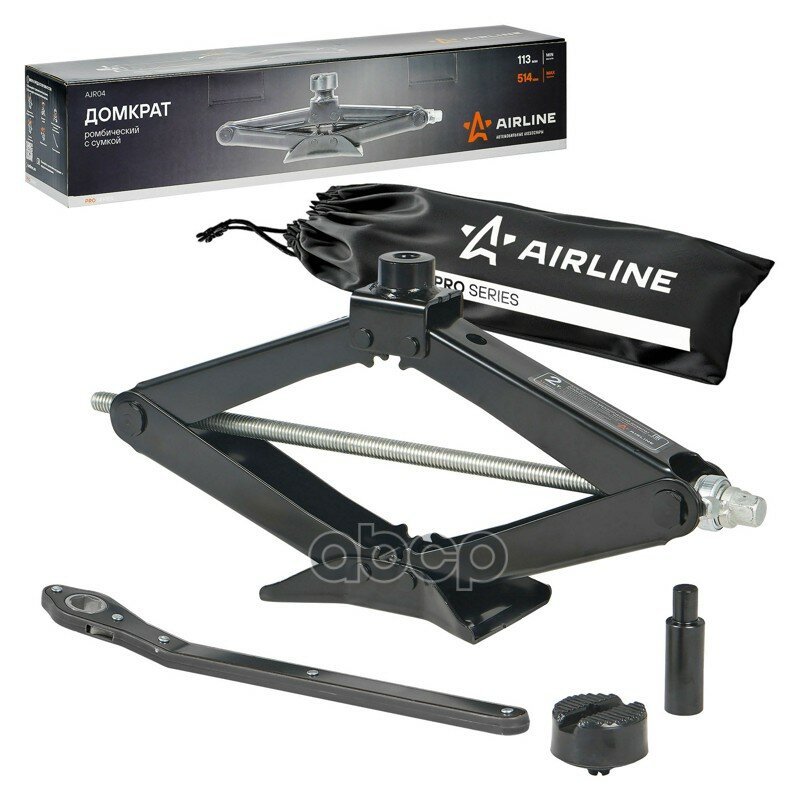 Домкрат ромбический 1 т AIRLINE PRO 113-514 мм (удлинитель, ручка трещотка) сумка AIRLINE арт. AJR04
