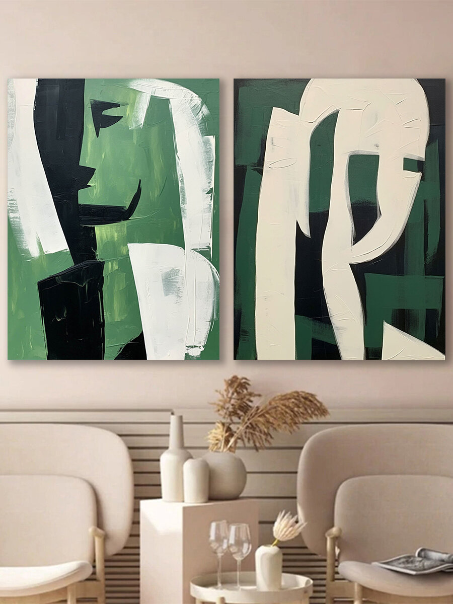 Картина модульная на стену / композиция из 2-х картин, "Зеленая абстракция, минимализм, лица и силуэты", 70х100 см.