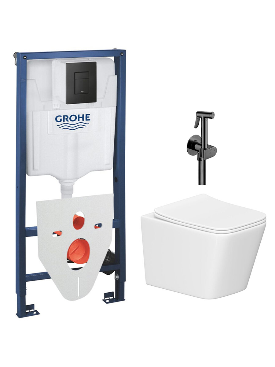 Инсталляция с унитазом и гигиеническим душем: унитаз Helmken 35120001, инсталляция Grohe, шумоизоляция, гиг. душ