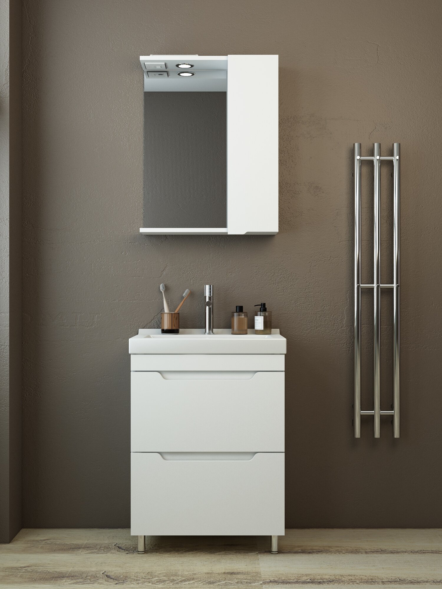 Тумба напольная EMMY Агата 55 с раковиной Визит 55 (Santeri), белая, на ножках, ЛДСП