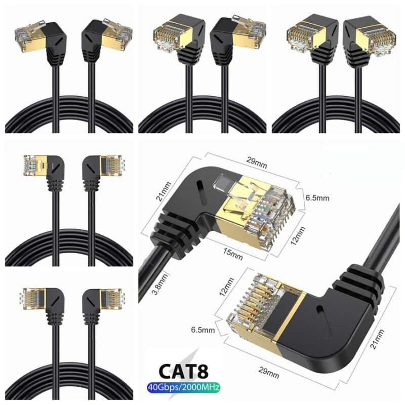 Кабель Ethernet Cat8 SFTP 40 Гбит/с 2000 МГц Cat 8 RJ45 Сетевой кабель Lan 90 градусов вверх вниз влево вправо угол Интернет RJ 45 Ethernet кабель
