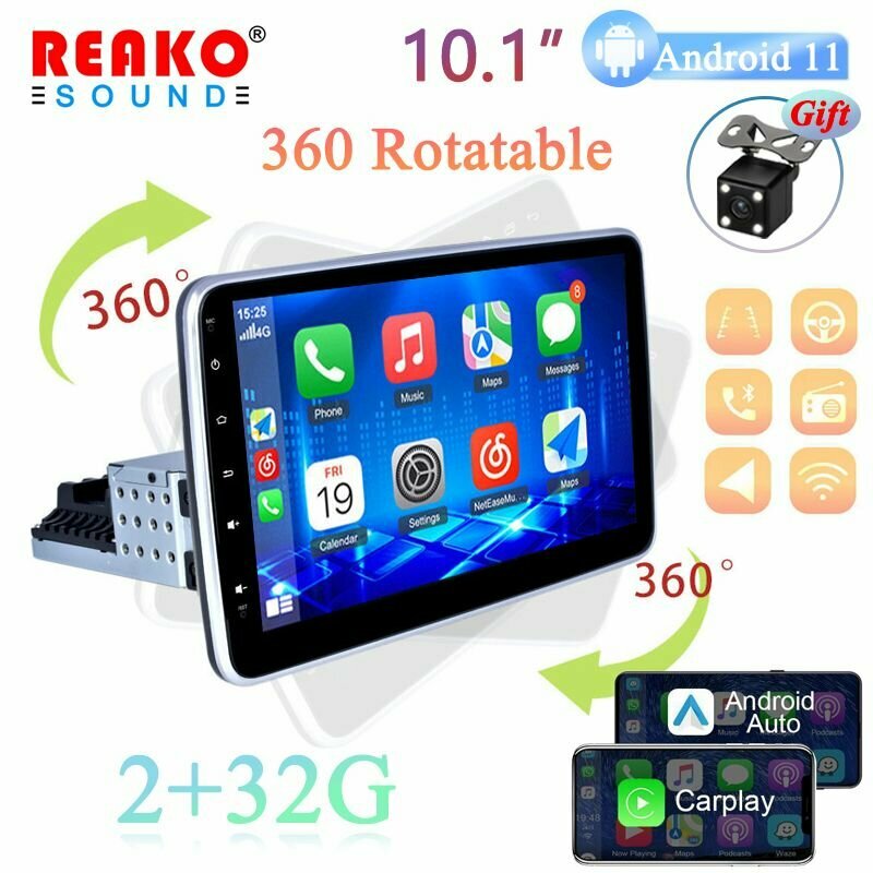 Автомагнитола 1DIN 10.1 дюйма Android 11, 2+32 ГБ, Bluetooth Wi‑Fi, CarPlay и Android Auto, вход для камеры заднего вида