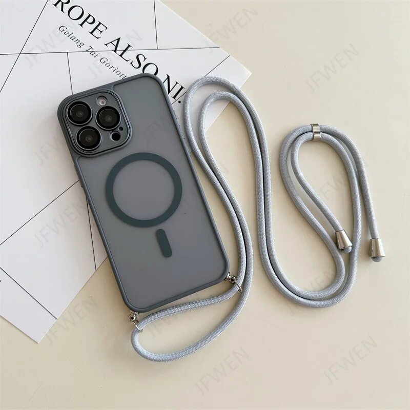 Магнитный чехол с ремешком через плечо для iPhone 17, Air 16, 16E, 15, 14 Plus, 13 Айфон 16, Gray