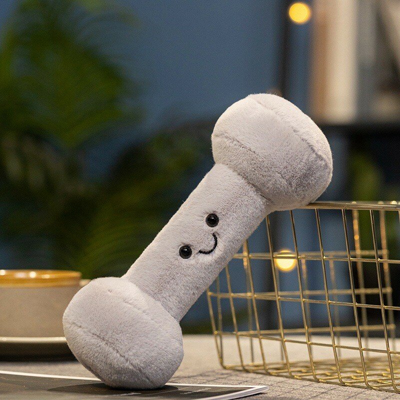 Plush dumbbell and kettlebell stuffed toys for fitness room decor gray dumbbell