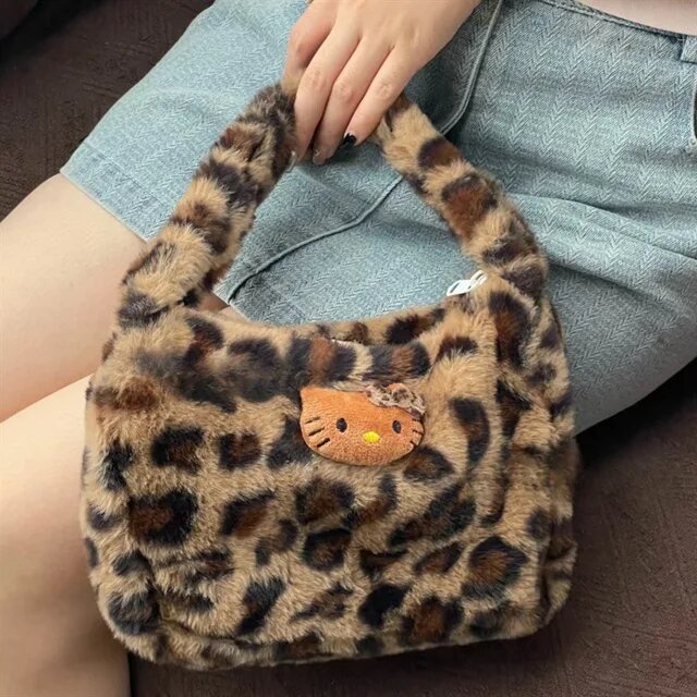 Hello Kitty С Леопардовым Принтом, Ретро-сумка-тоут, Мягкая Плюшевая Сумка Унисекс Для Работы, Путешествий