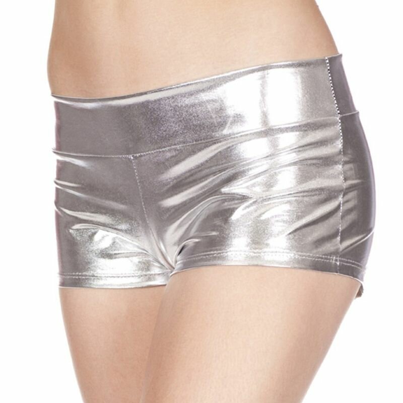 Яркие кожаные шорты с высокой талией-серебристый-M