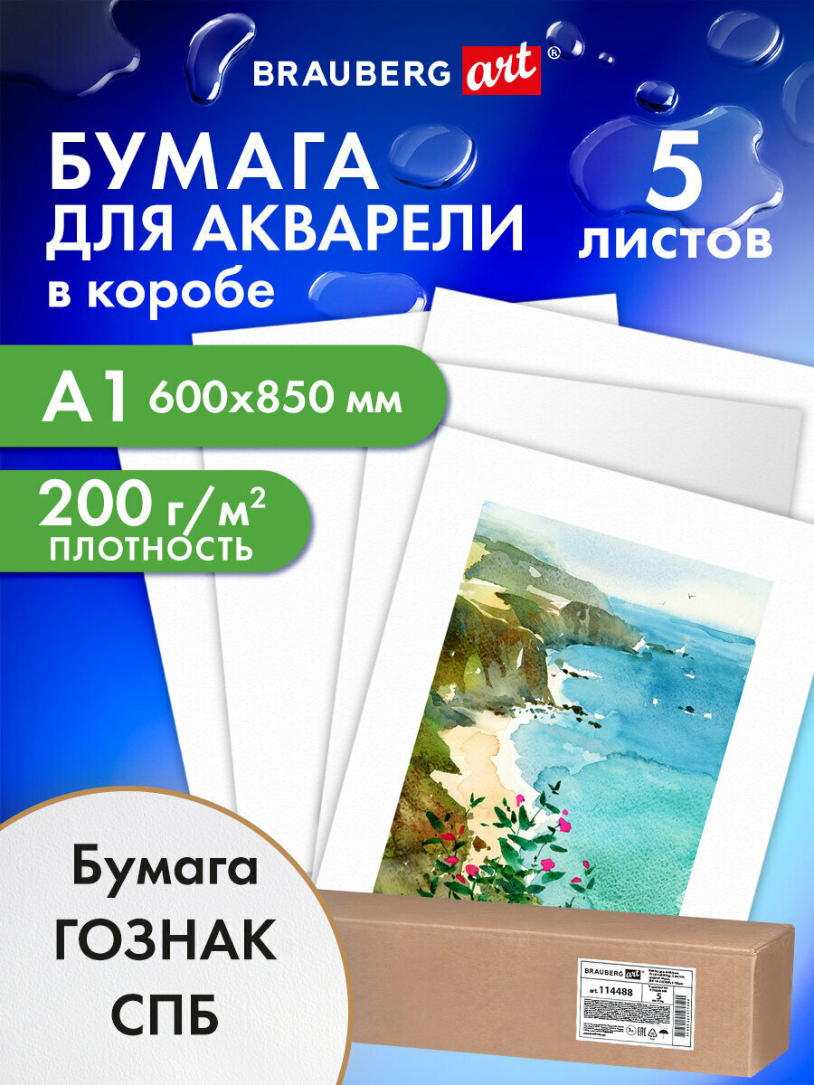 Бумага для акварели, гуаши / акварельная бумага художественная для рисования А1 (600х850 мм), 5 листов, 200 г/м2, Гознак, BRAUBERG ART CLASSIC